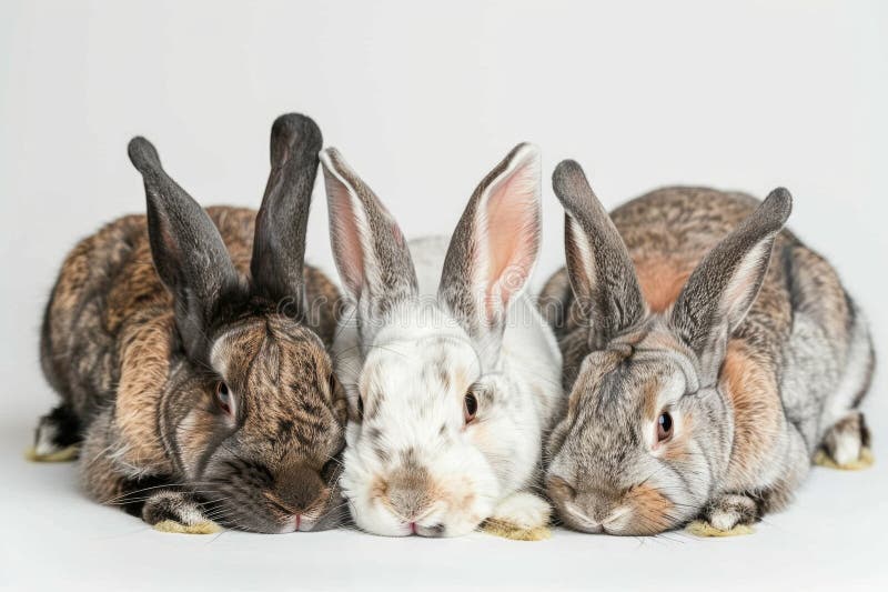Three Domestic Rabbits Resting Peacefully on a White Surface with Soft ...