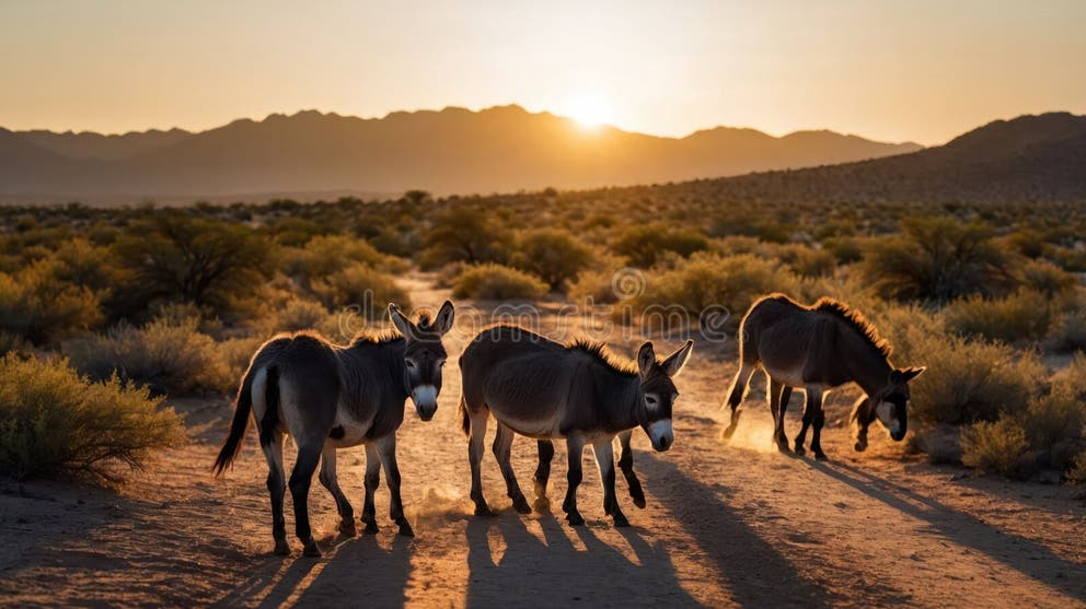 Three Donkeys in a Desert Landscape at Sunset, Casting Long Shadows on ...