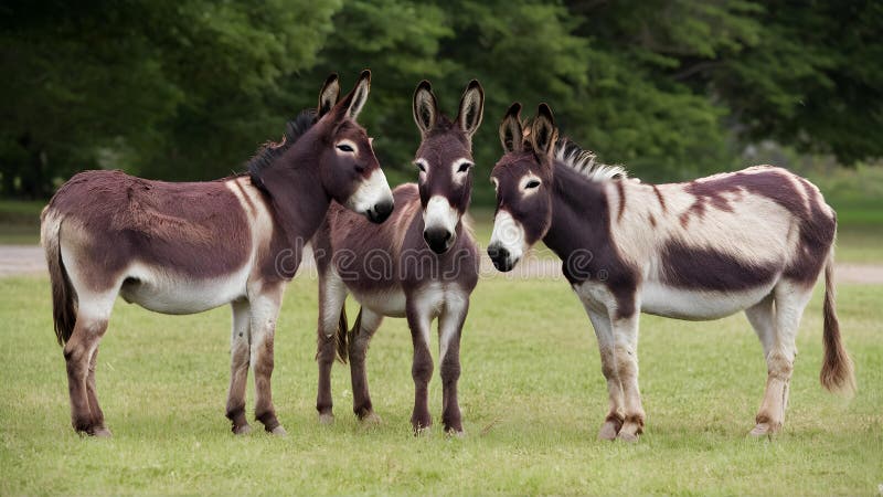 Three Donkeys Display Bonding and Diversity in a Pasture. Concept ...