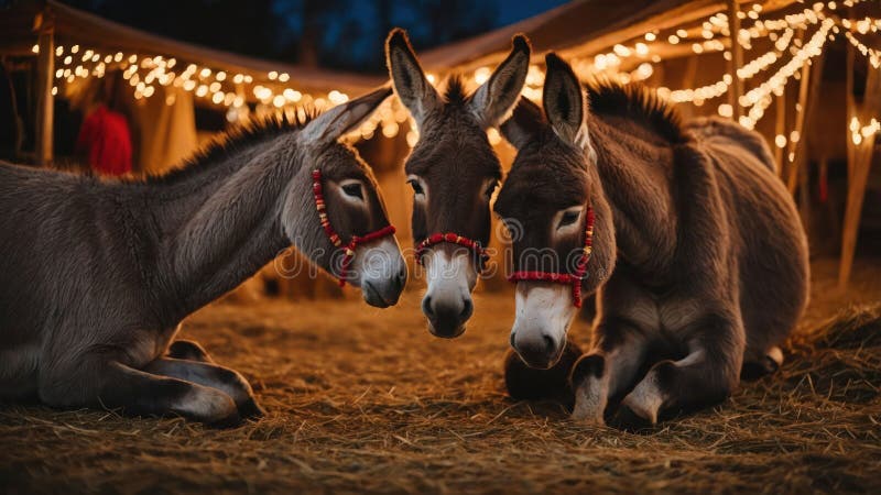 Three Donkeys Resting Together Under Fairy Lights at Night Stock ...