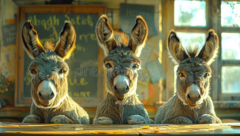 Three Donkeys are Standing in Front of a Chalkboard Stock Photo - Image ...