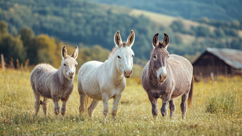 Three Donkeys in a Sunny Field Stock Illustration - Illustration of ...