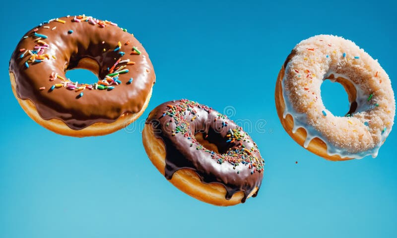 Three Donuts with Different Toppings Falling Against a Blue Background ...