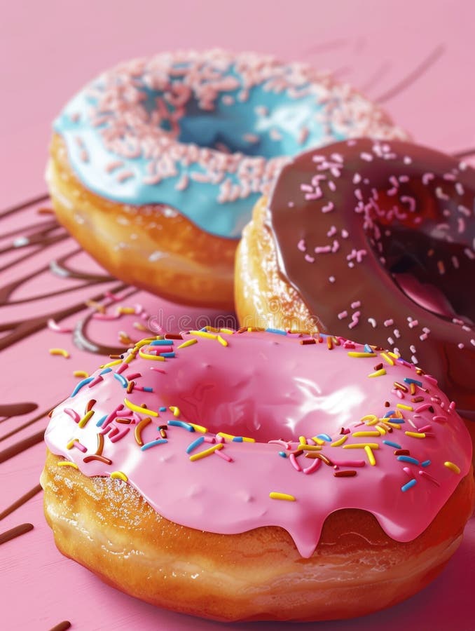 Three Donuts with Sprinkles on Top, One Pink, One Blue, and One Brown ...