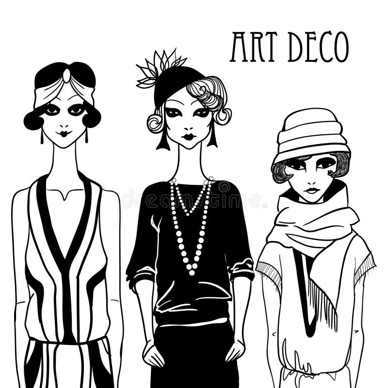 Three Doodle Women in Art Deco Style Stock Illustration - Illustration ...