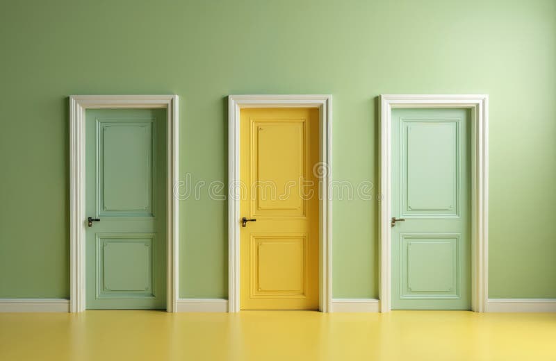 Three Doors with Different Colors and Designs, Yellow One in Middle ...