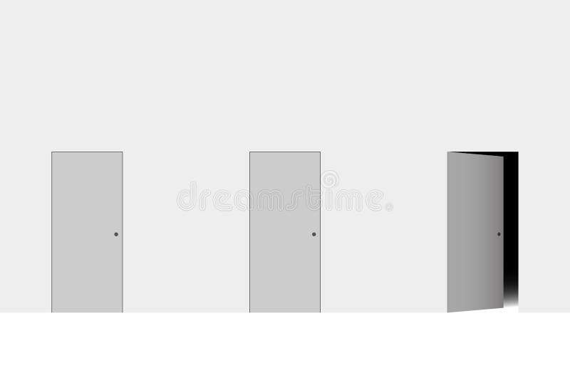 Three Doors, One Door is Open Slightly with Darkness Behind it Stock ...