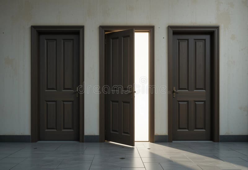Three Doors with One Open, One Closed and One Partially Open Stock ...