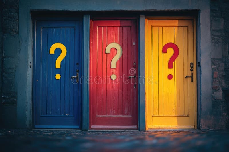 Three Doors with Question Marks Painted on Them Stock Image - Image of ...