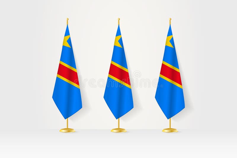 Three DR Congo Flags in a Row on a Golden Stand, Illustration of Press ...