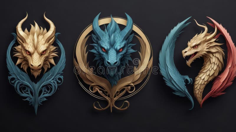 Three Dragon Sculptures Each with Different Colors and Designs Stock ...