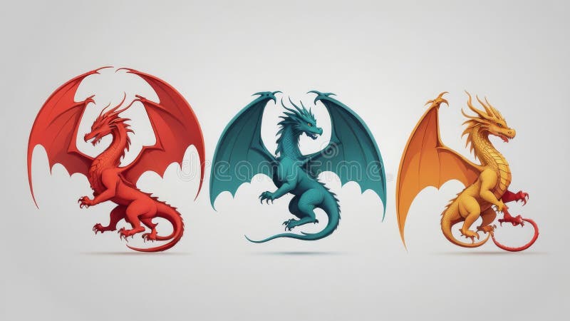 Three Dragons with Different Colored Scales Stand with Wings Spread in ...