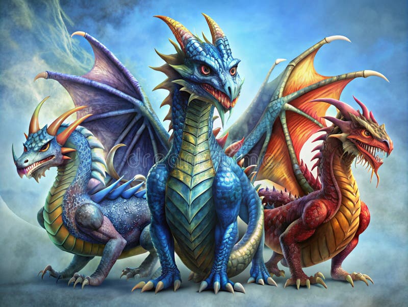 Three Dragons Standing Together Stock Vector - Illustration of green, legendary: 323376847