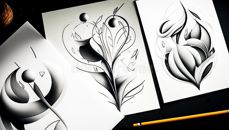 Three Drawings on Table with Pencils and Paper. Organic, Hand-drawn ...