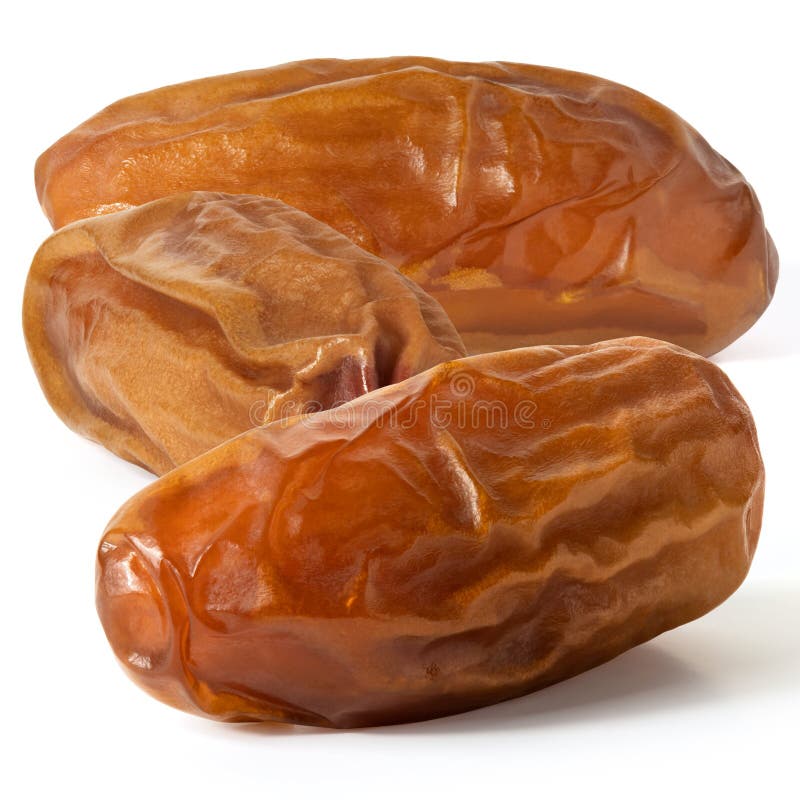 Three Dried Dates in Close Up on White Background. Front View Stock ...