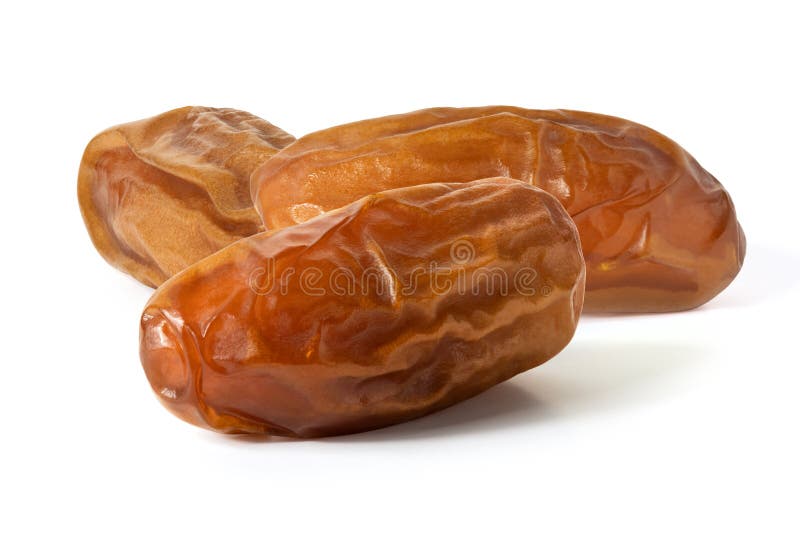Three Dried Dates in Close Up on White Background. Front View Stock ...