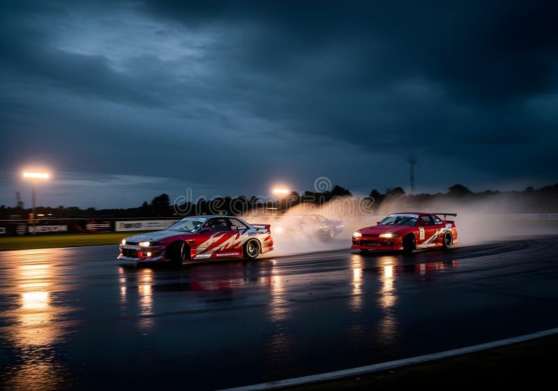 Three Drift Cars Race on a Wet Track at Dusk, Headlights on Stock ...
