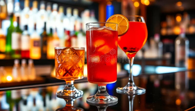 Three Drinks on a Bar Counter, One of Which is a Martini Stock Photo ...