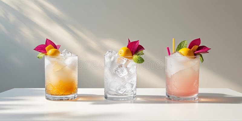 Three Drinks with Ice and Fruit Garnish on a Table. Stock Image - Image ...