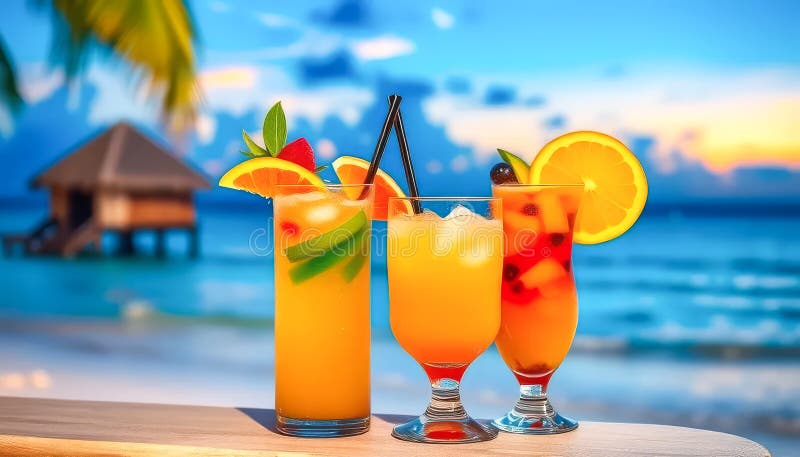 Three Drinks with Straws in Them are on a Table by the Ocean Stock ...