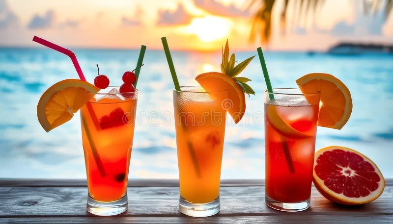 Three Drinks with Straws in Them are on a Table by the Ocean Stock ...
