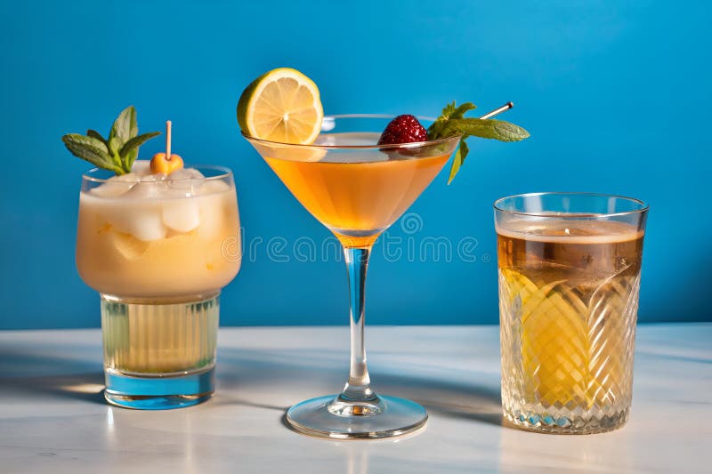 Three Drinks on a Table, One of Which is a Martini Stock Illustration ...