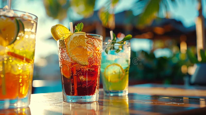 Three Drinks on a Table, One of Which is a Soda with a Lemon Slice ...