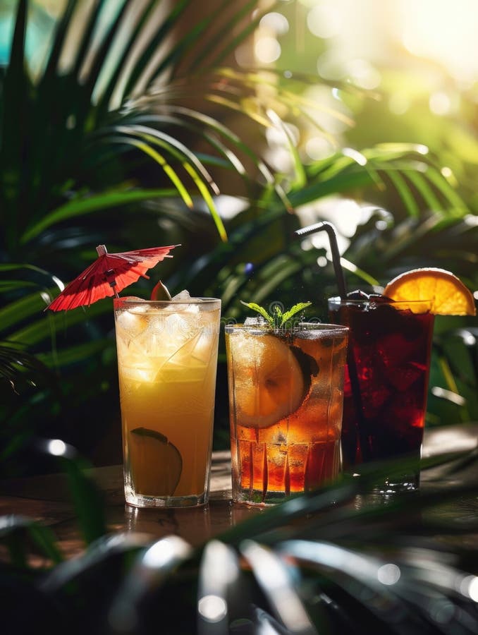 Three Drinks on a Table with a Red Umbrella in the Middle Stock Photo ...