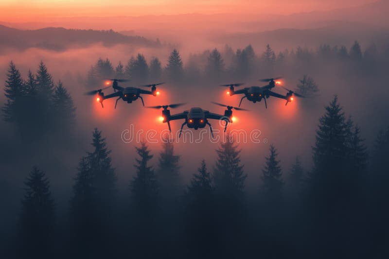 Three Drones with Flashing Lights Fly Over a Misty Forest at Sunset ...