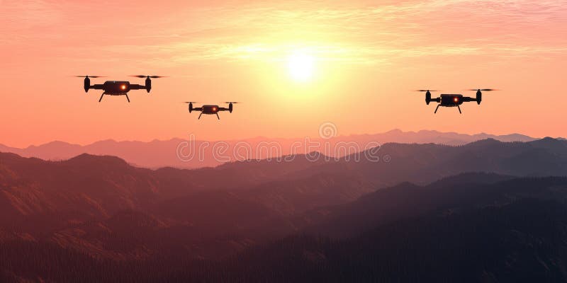 Three Drones Fly Over a Mountainous Landscape during a Beautiful Sunset ...
