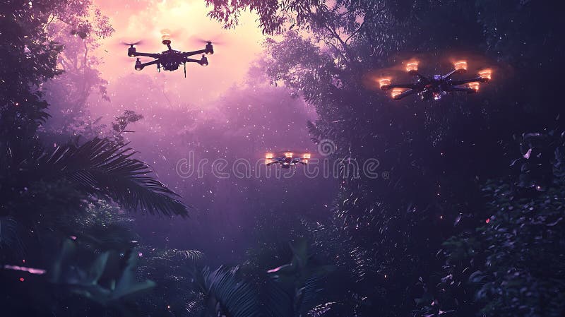 Three Drones Flying in the Air Over a Forest Stock Image - Image of ...