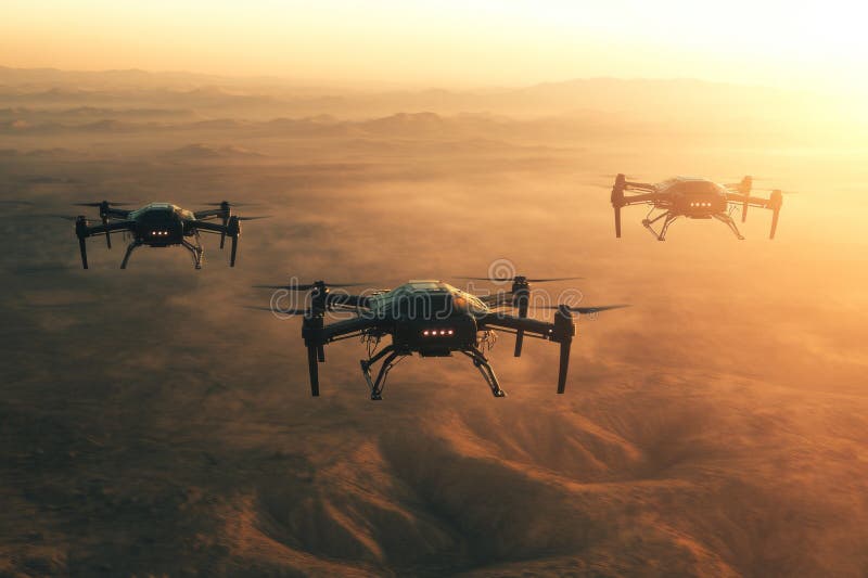 Three Drones Flying Over a Desert Landscape at Sunset, Capturing Aerial ...