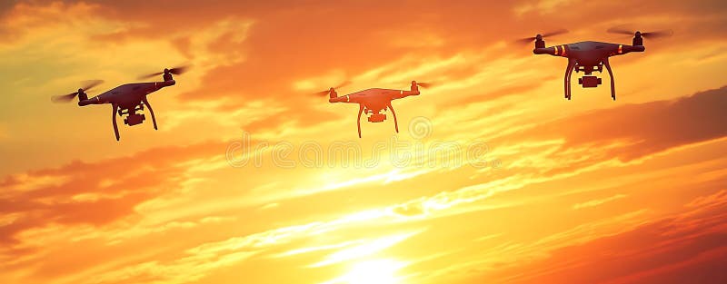 Three Drones in Formation Against Sunset Sky, High-Resolution HDR ...