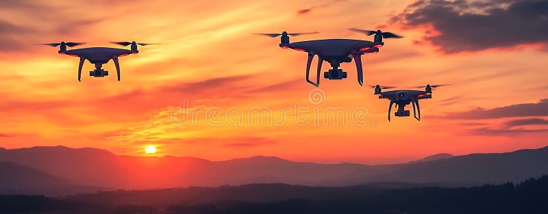 Three Drones in Formation Against Sunset Sky, High-Resolution HDR ...