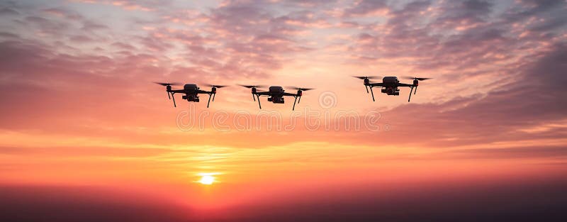 Three Drones in Formation Against Sunset Sky, High-Resolution HDR ...