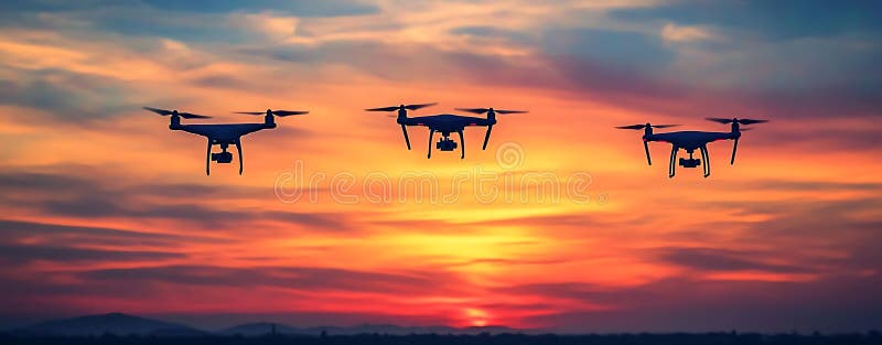 Three Drones in Formation Against Sunset Sky, High-Resolution HDR ...