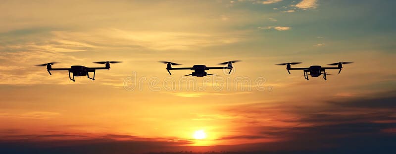Three Drones in Formation Against Sunset Sky, High-Resolution HDR ...