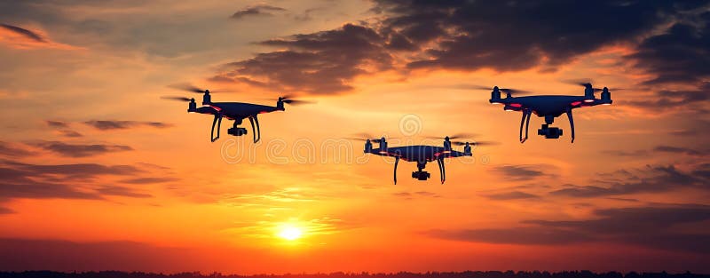 Three Drones in Formation Against Sunset Sky, High-Resolution HDR ...