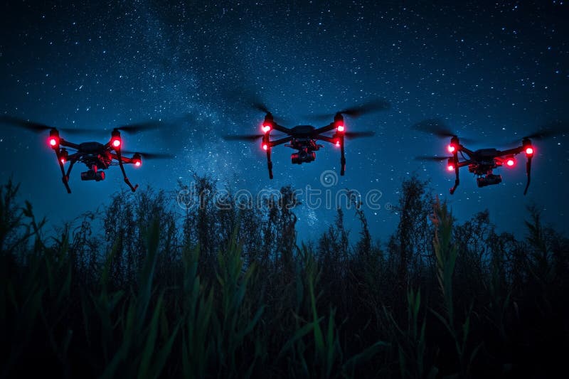 Three Drones with Red Lights Flying Over a Field at Night, with a ...
