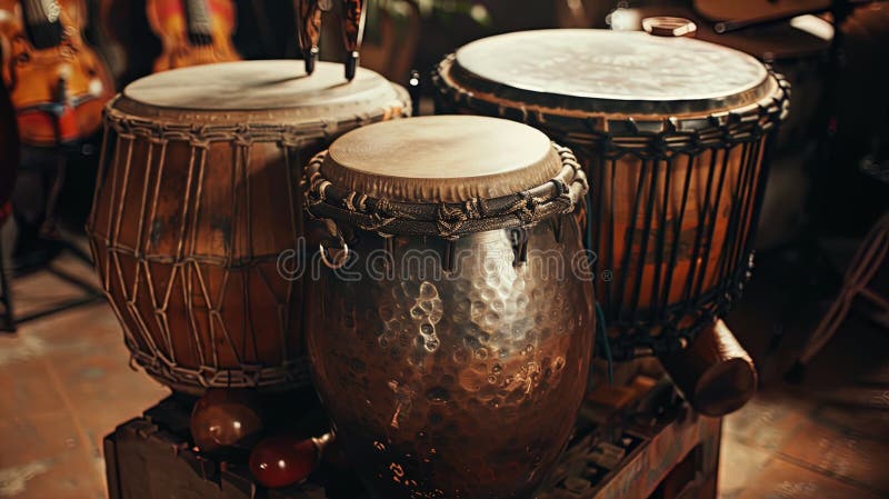 Three Drums are on a Table, with One of Them Being a Large, Wooden Drum ...