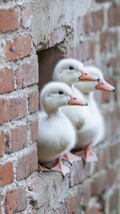 Three Ducklings Nestled in a Rustic Brick Wall Opening Stock Photo ...