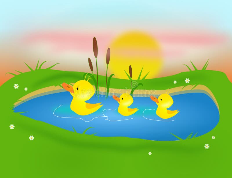 Three ducklings on pond stock illustration. Illustration of baby - 53956057