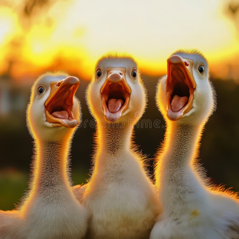 Three Ducklings Quacking at Sunset in a Vibrant Outdoor Setting Stock ...