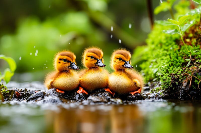 Three Ducklings Sitting on a Rock in the Water Stock Photo - Image of ...