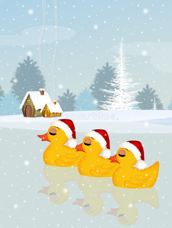 Three Ducks with Christmas Hat Stock Illustration - Illustration of ...