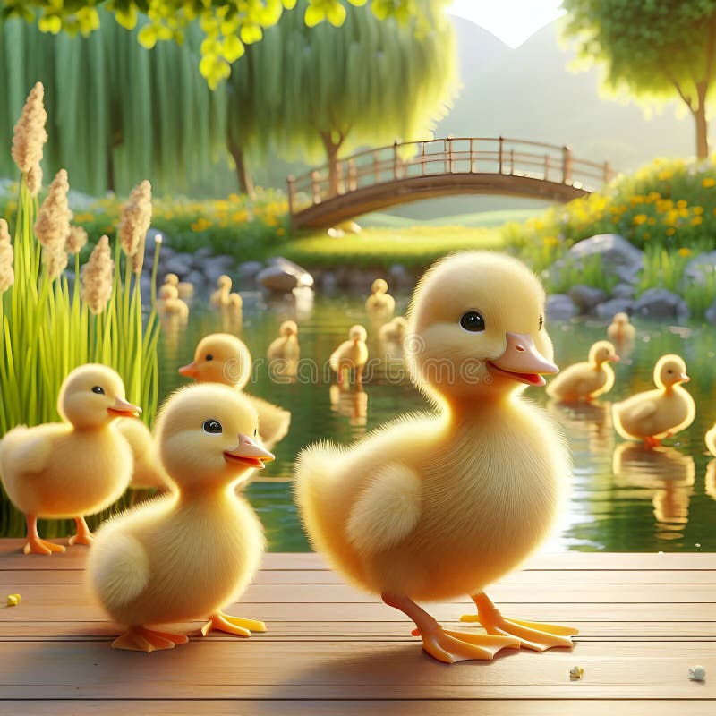Three Ducks are Standing on a Deck with a Pond in the Background. Stock ...
