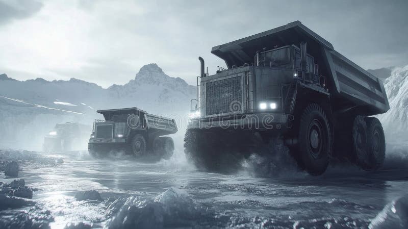 Three Dump Trucks Driving through Snow Covered Terrain Stock ...