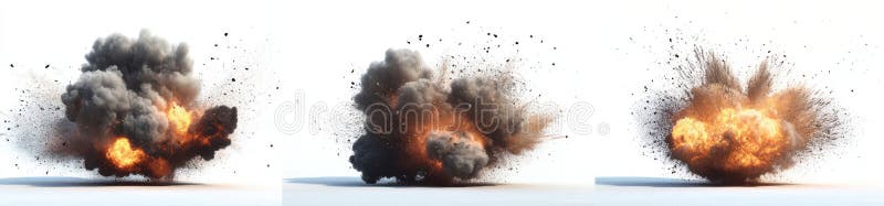 Three Fiery Explosions with Smoke and Debris on White Background Stock ...