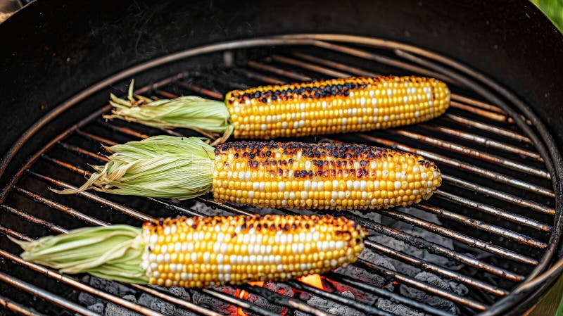 Three Ears of Corn Grilling on a Charcoal Grill, Showing Slightly ...