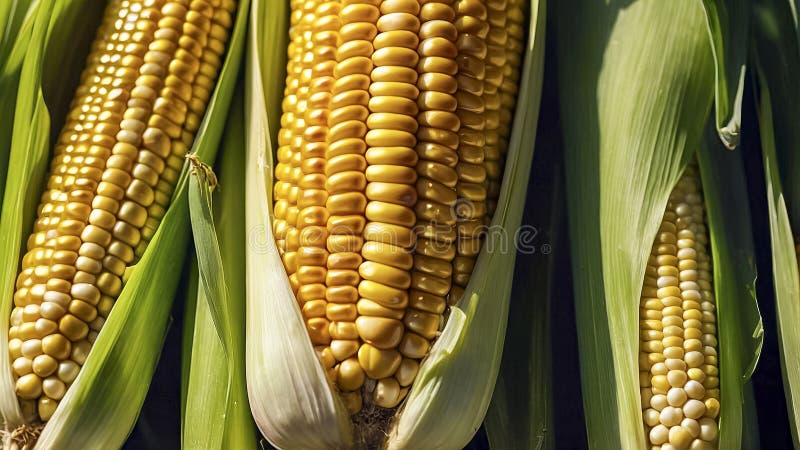 Three Ears of Corn are Shown with Their Green Leaves Still Attached ...